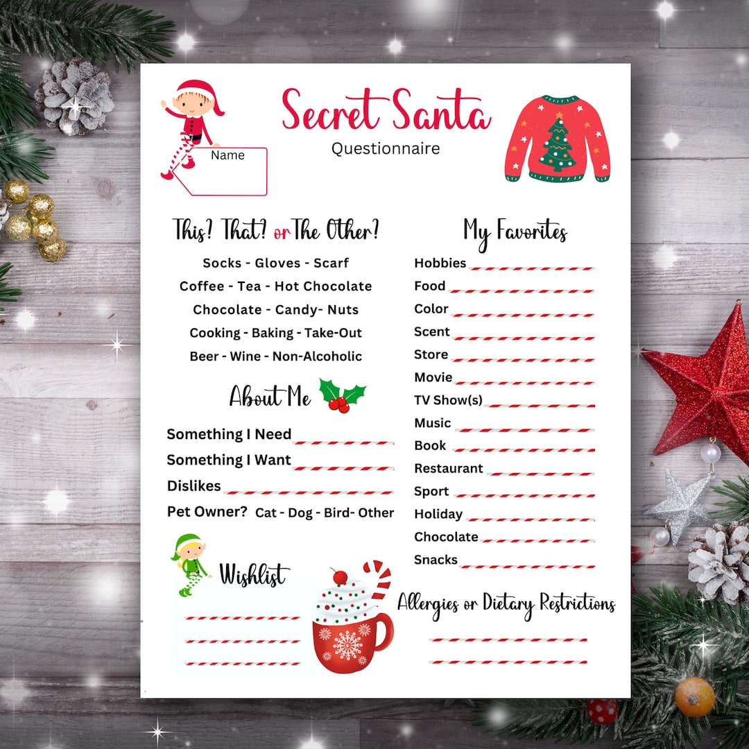 Secret Santa Questionnaire for Christmas , Secret Santa Co-worker Gift ...
