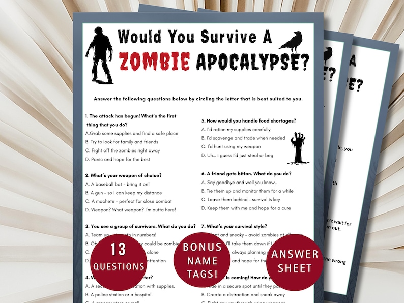 Zombie Apocalypse Survival Quiz: Printable Halloween Party Game (PDF ...