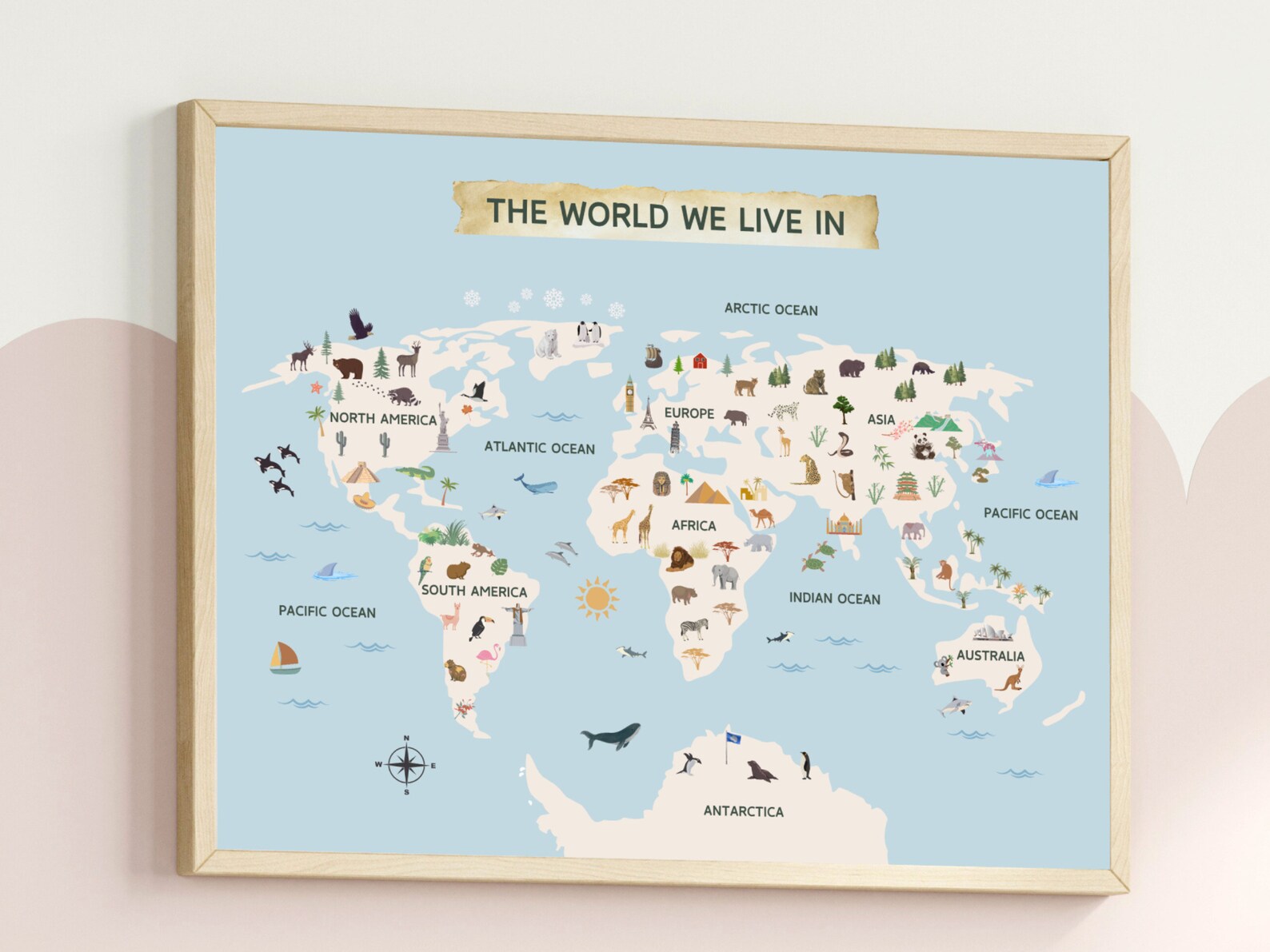 World Map Wall Print, Kids Wall Art, Classroom Print, Educational Kids ...