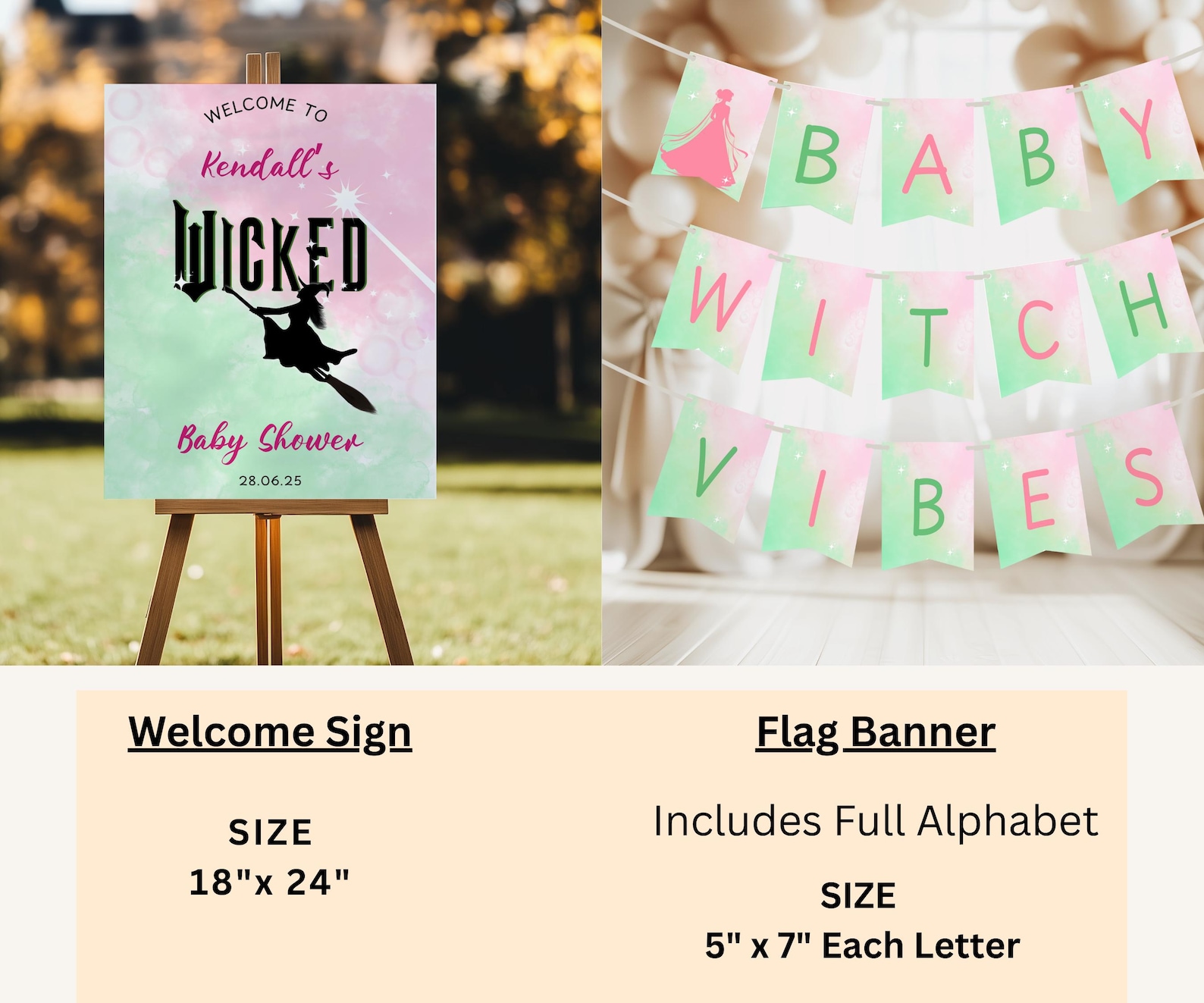 Wicked Baby Shower Decor Set: Editable Green & Pink Party Templates ...