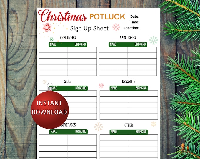 Christmas Potluck Sign up Sheet Printable Holiday Party Potluck Planner ...