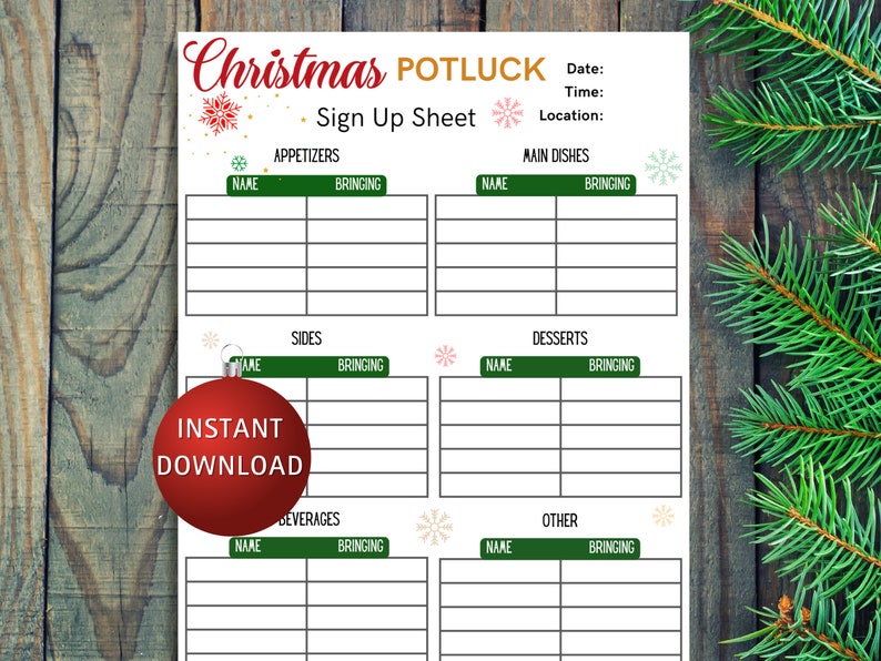 Christmas Potluck Sign-up Sheet: Holiday Party List (PDF Download) - Etsy