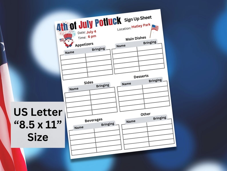 4th of July Potluck Sign up Sheet: Summer Picnic List (PDF) - Etsy