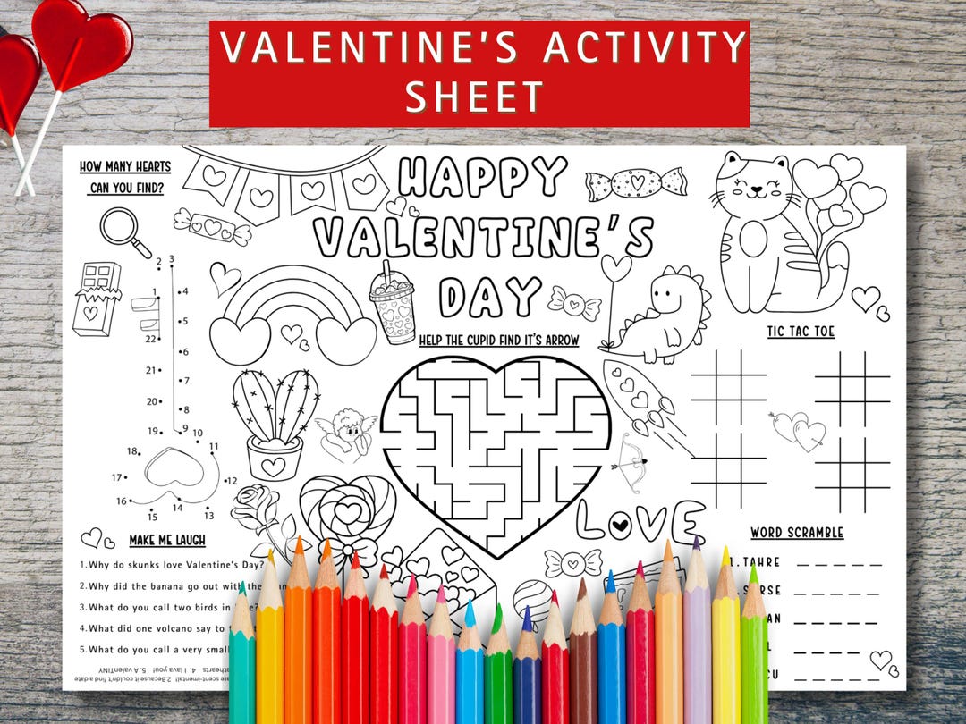 Valentine's Day Coloring Activity Sheet: Kids Party Placemat (digital ...