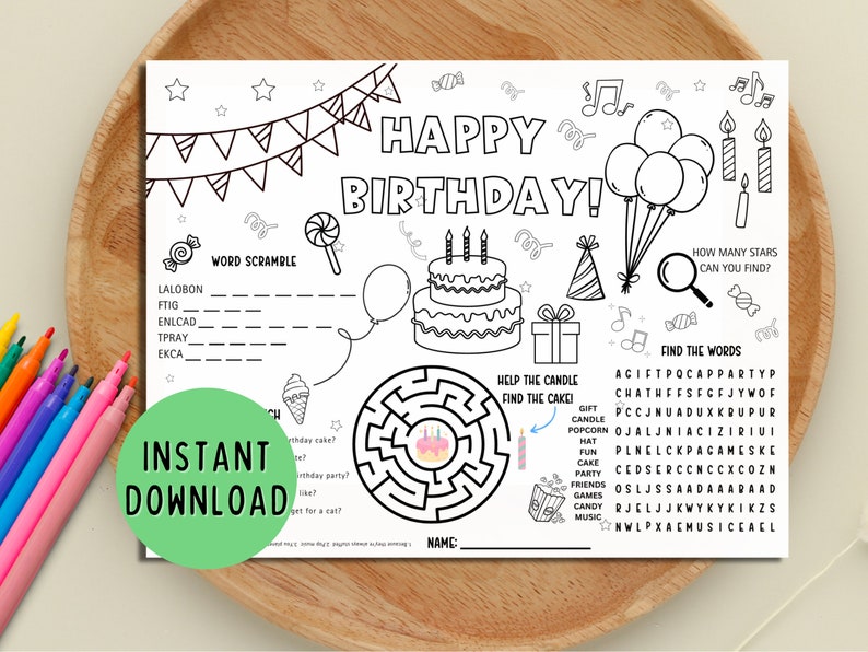 Birthday Coloring Activity Sheet, Kids Party Activity Page (PDF) - Etsy