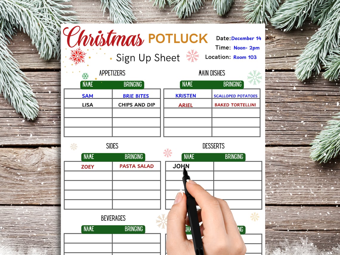 Christmas Potluck Sign up Sheet, Holiday Potluck List, Office Party ...
