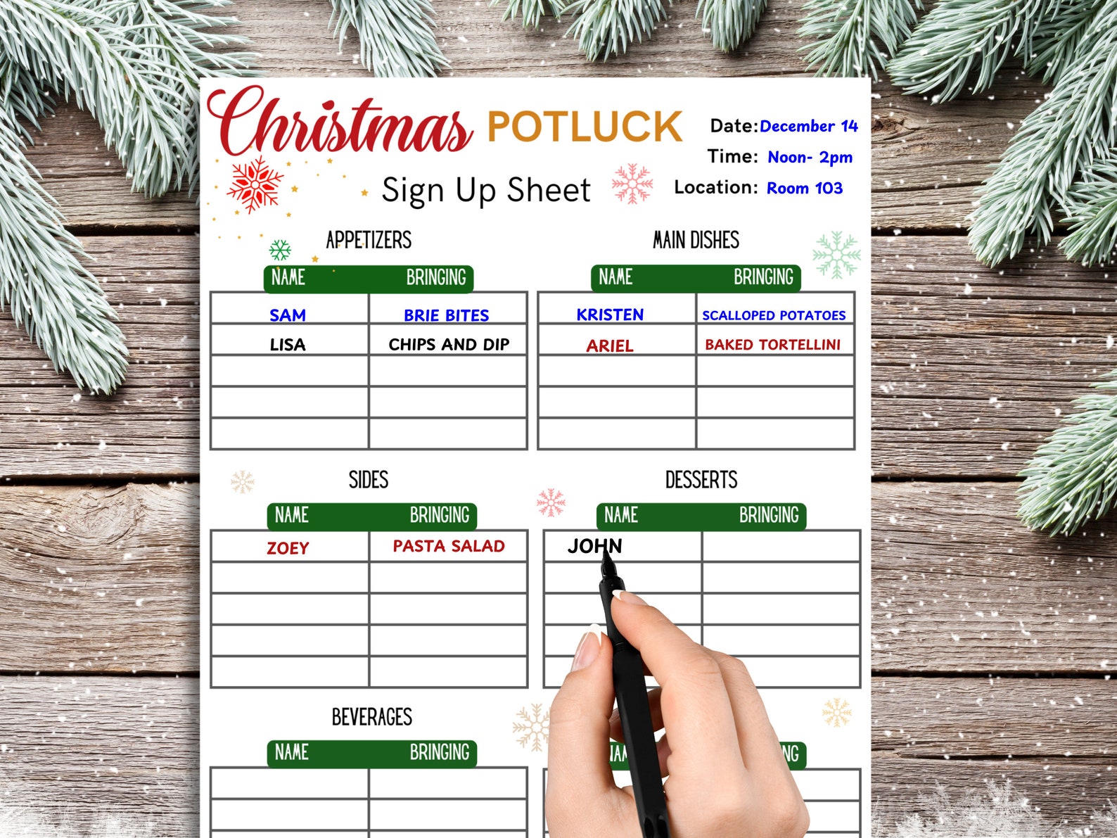 Christmas Potluck Sign up Sheet, Holiday Potluck List, Office Party ...
