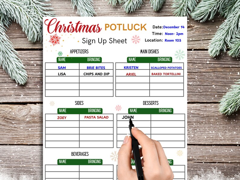 Christmas Potluck Sign-up Sheet: Holiday Party List (PDF Download) - Etsy