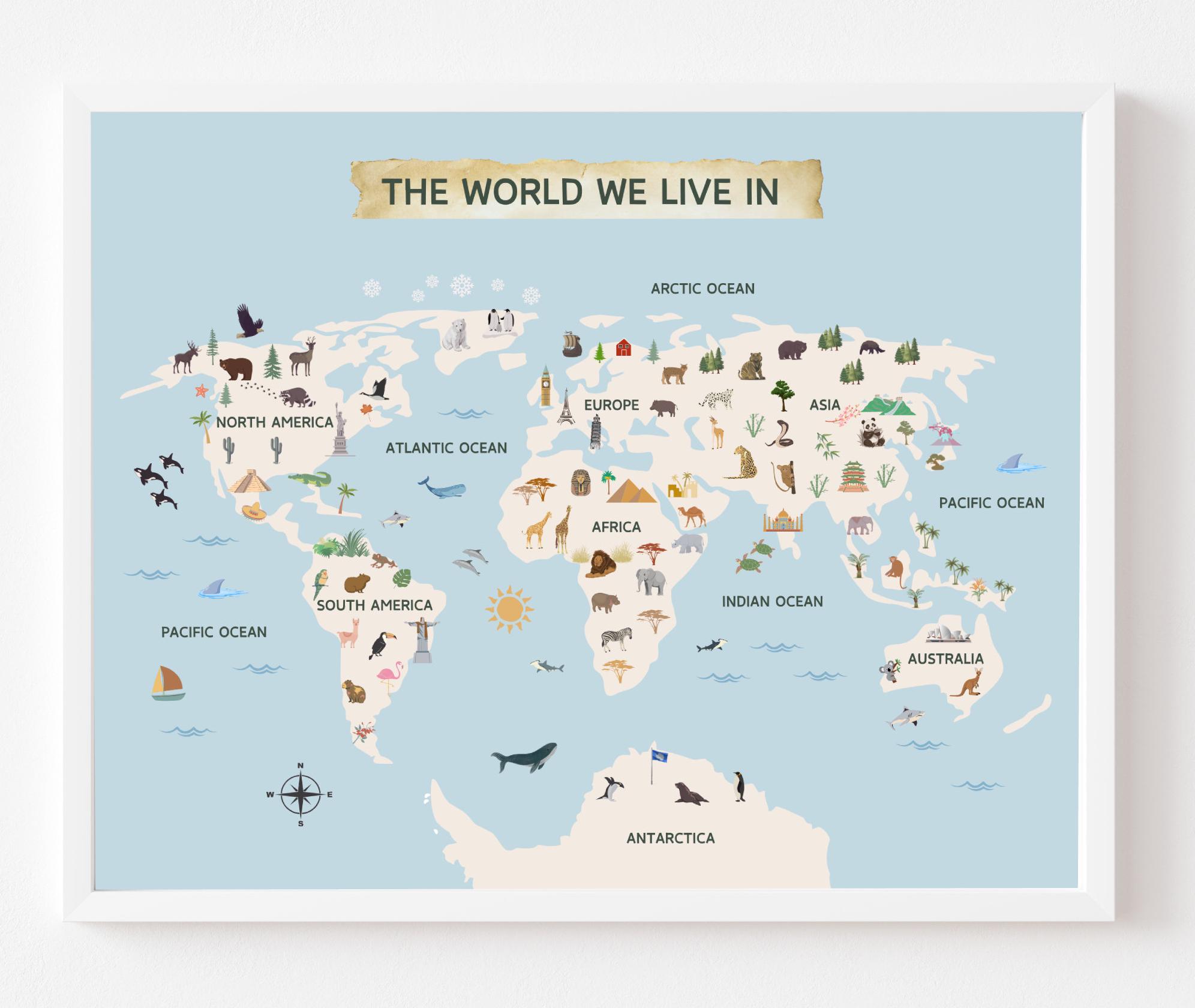 World Map Wall Print, Kids Wall Art, Classroom Print, Educational Kids ...