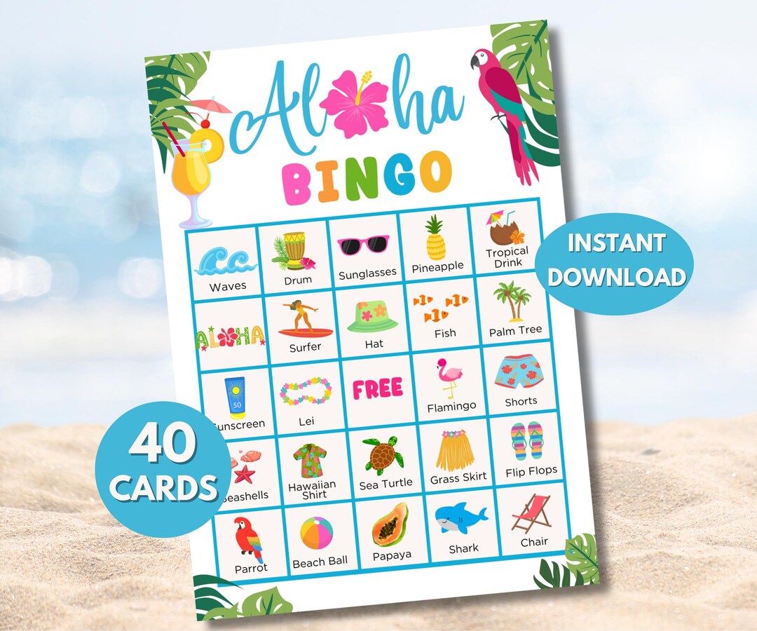 Aloha Party Bingo, Hawaiian Bingo, Tropical Theme Birthday, Hawaii ...