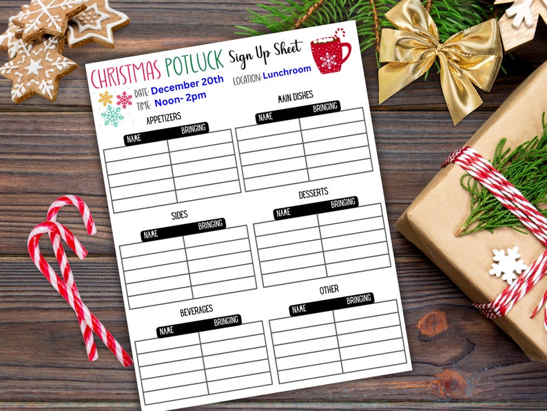Christmas Potluck Sign up Sheet, Work Potluck Printable Sheet, Holiday ...