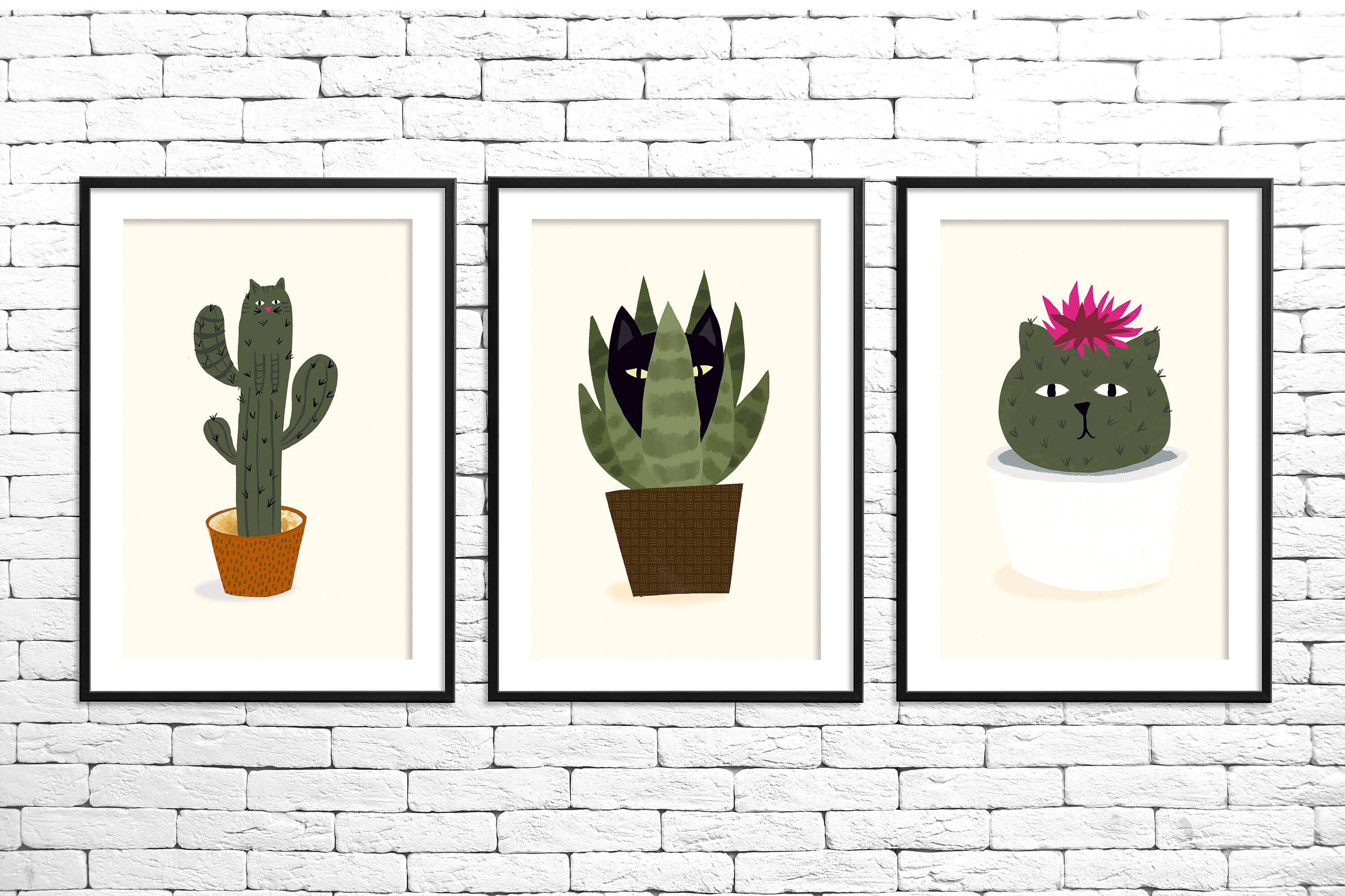 Set of Three Cat Prints, Cat Wall Art Print, Cactus Cat, Whimsical Cat ...