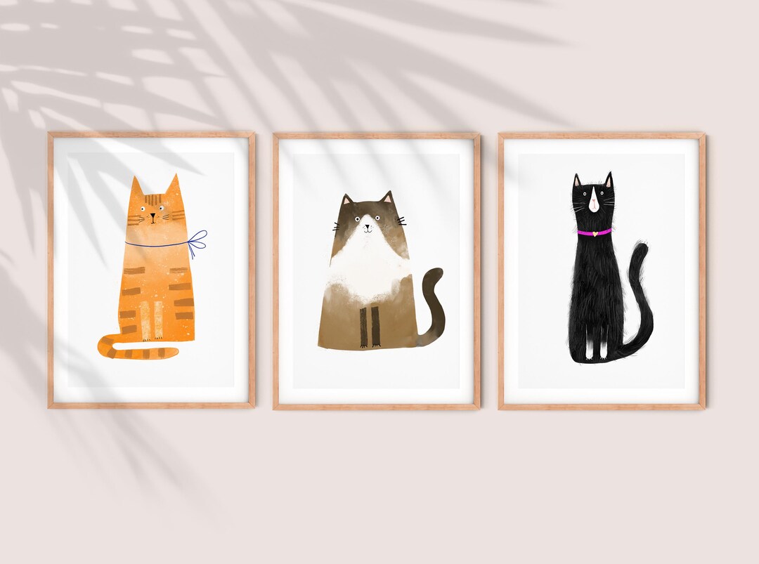 Set of Three Cat Prints, Cat Wall Art Print, Kitchen Cat, Whimsical Cat ...
