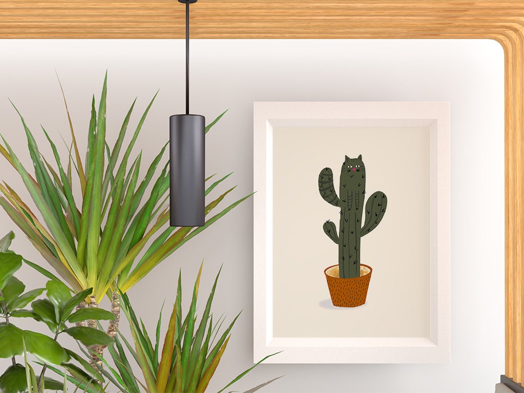 Set of Three Cat Prints, Cat Wall Art Print, Cactus Cat, Whimsical Cat ...