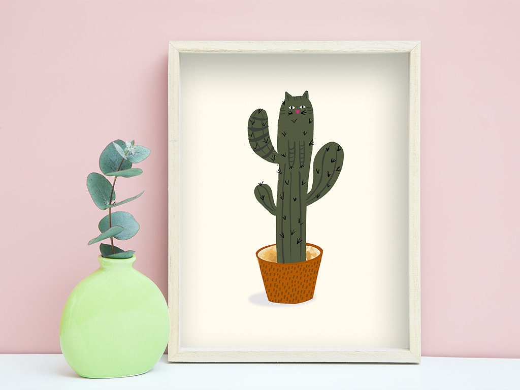 Set of Three Cat Prints, Cat Wall Art Print, Cactus Cat, Whimsical Cat ...