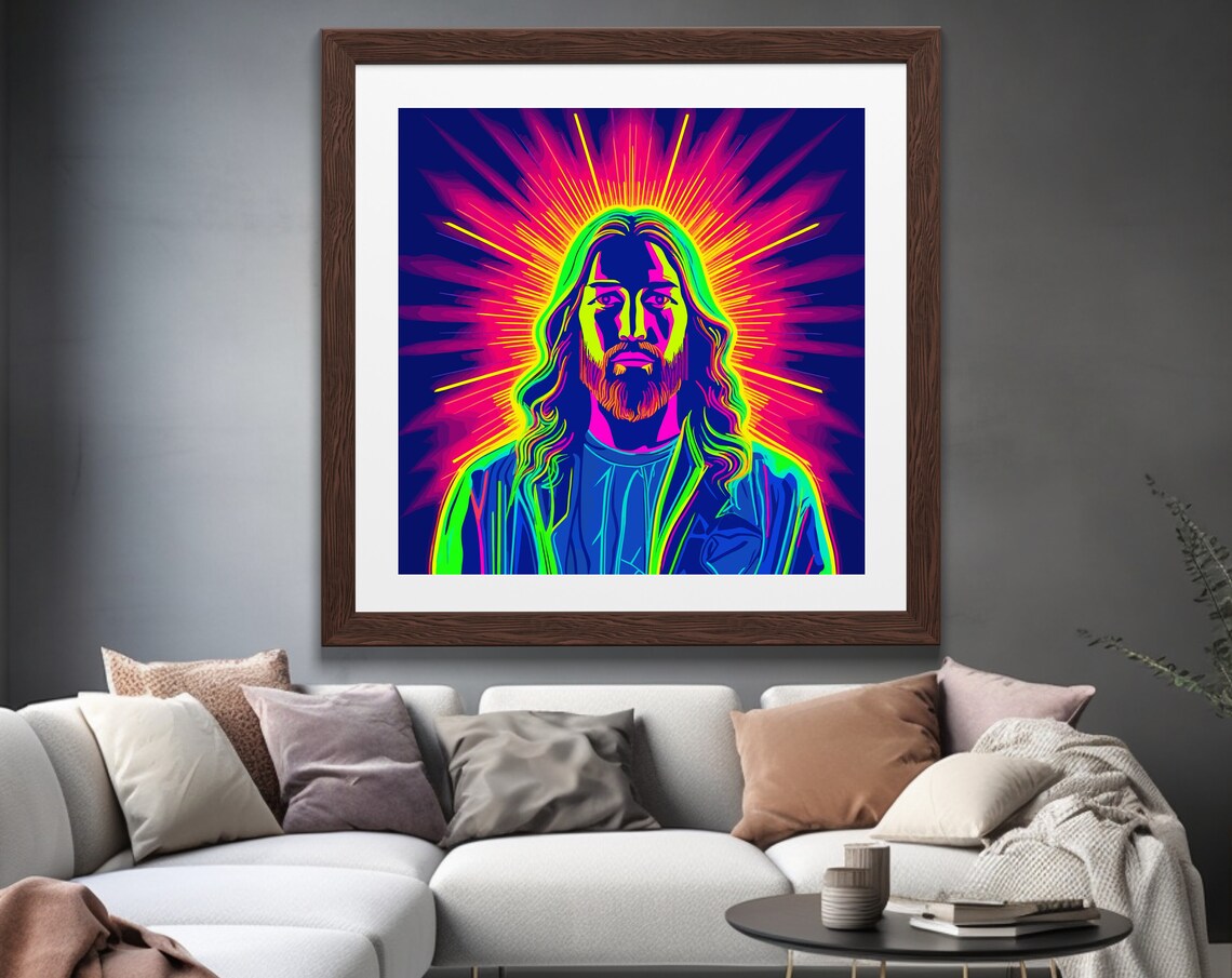 Neon Jesus Vibrant 70s Inspired Art Spiritual Glowing Imagery Unique ...
