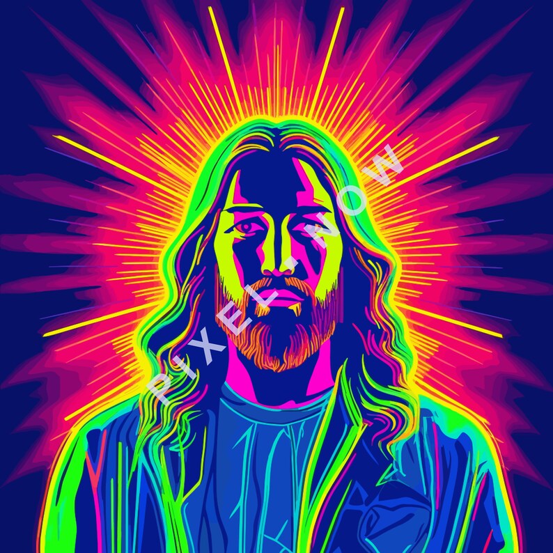 Neon Jesus Vibrant 70s Inspired Art Spiritual Glowing Imagery Unique ...