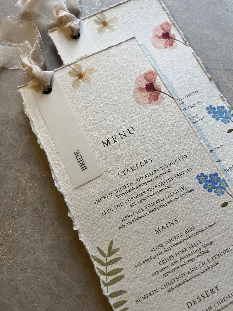 Wildflower Wedding Menu & Place Cards: Handmade Cotton Rag Paper, Silk ...