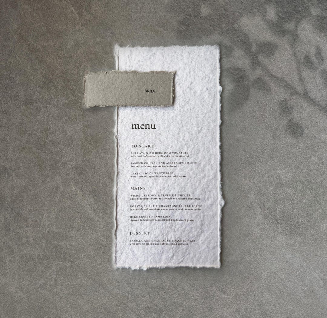 Rustic Wedding Menu With Place Card: Handmade Cotton Rag Paper - Etsy