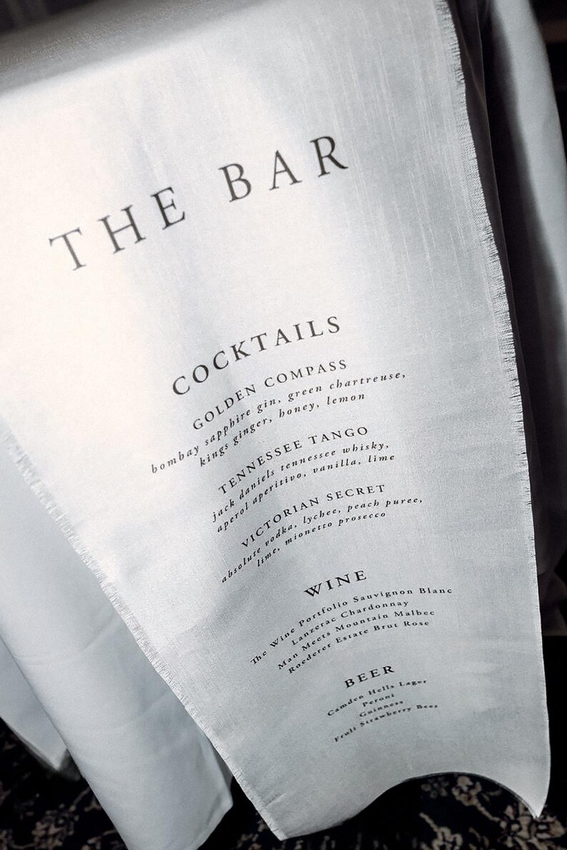 Linen Fabric Wedding Bar Menu Sign: Frayed Edge Cotton Drinks Banner - Etsy