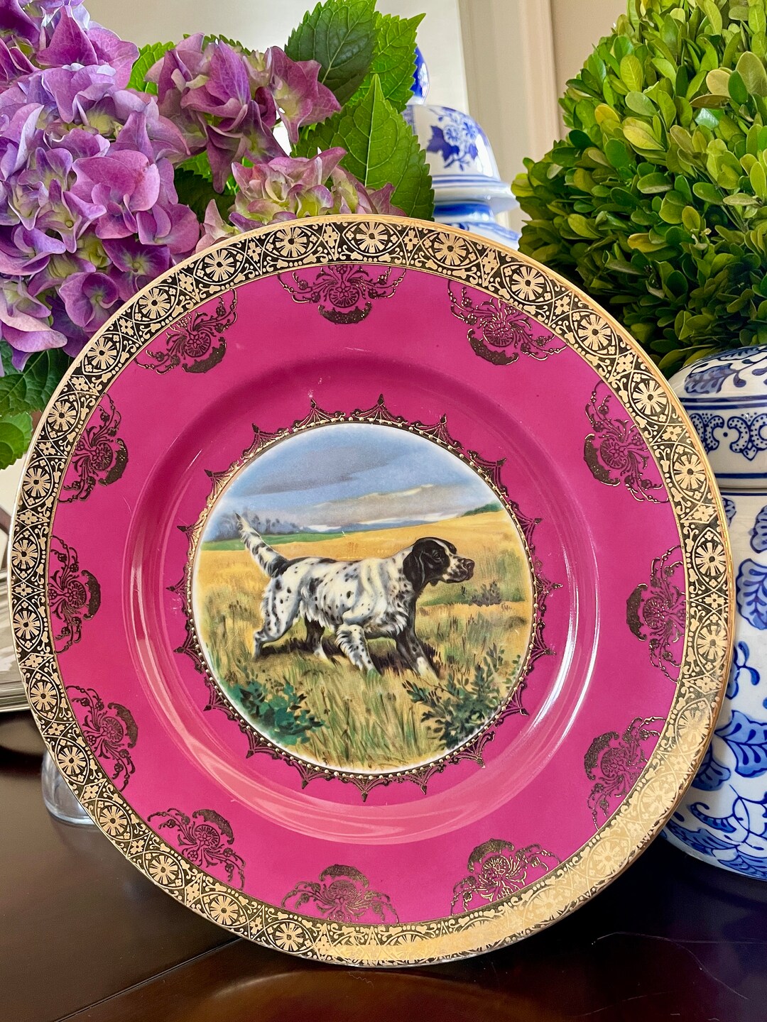 Rare Vintage Bavarian English Setter Plate With Deep Pink and Gold ...