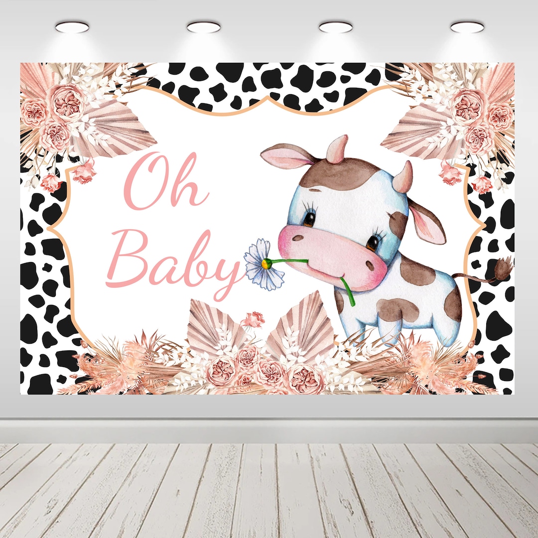 Cartoon Cow Kids 1st Birthday Backdrop Boho Flowers Newborn Baby Shower ...