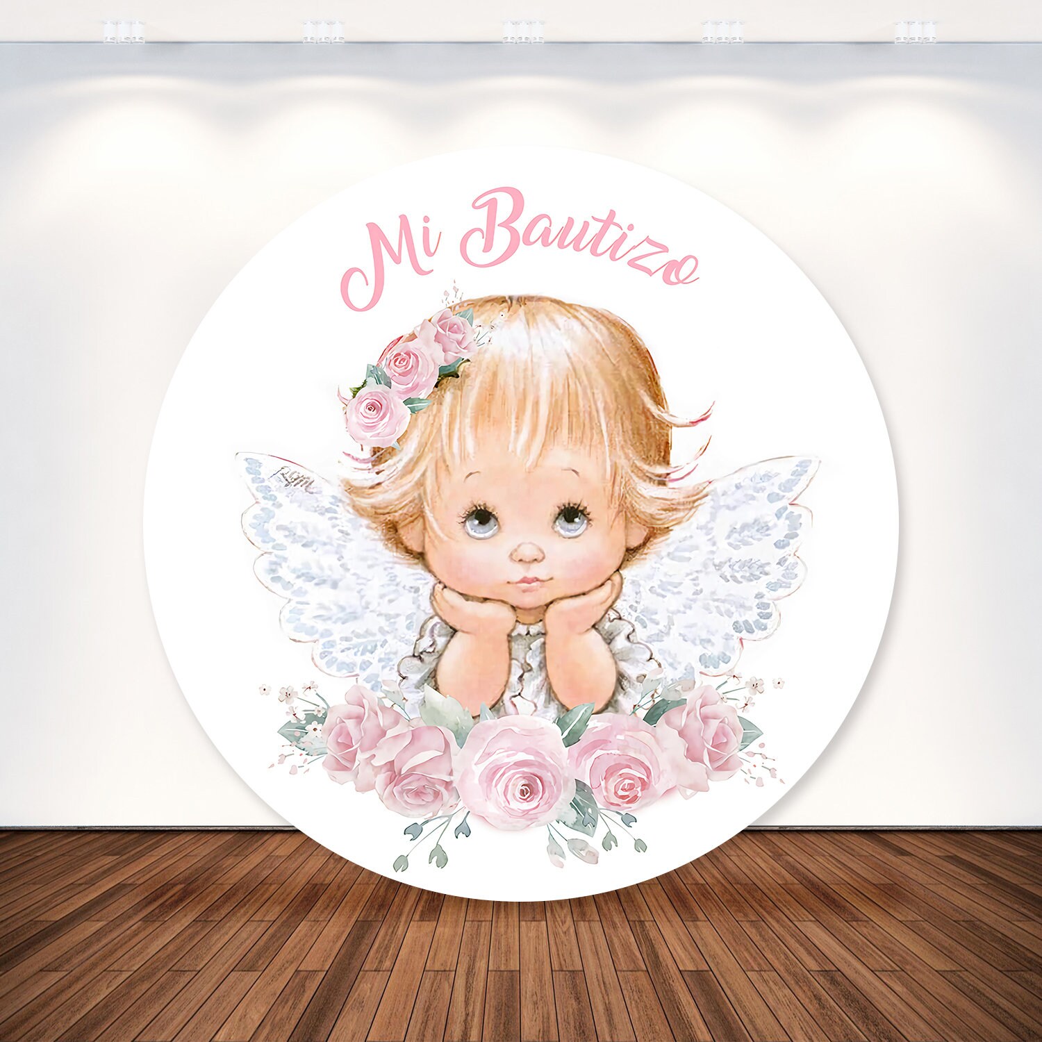 First Holy Communion Round Backdrop Cover God Bless Baptism Angel ...