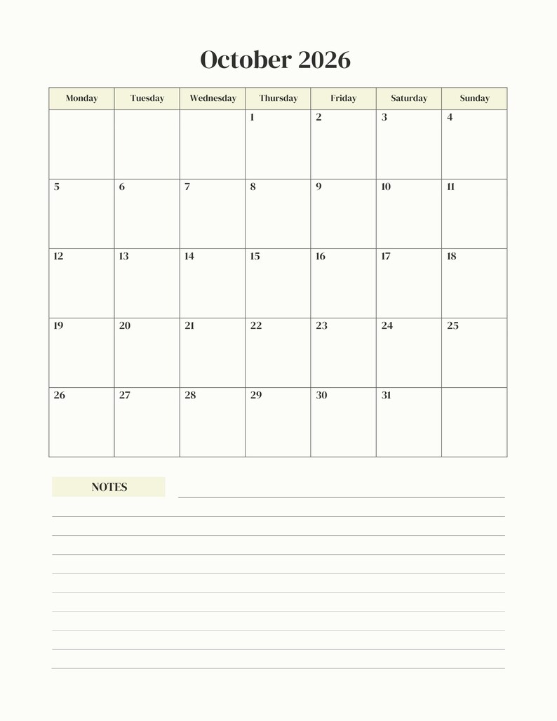 Minimal Beige 2026 Monthly Planner Calendar | Monday & Sunday Start ...