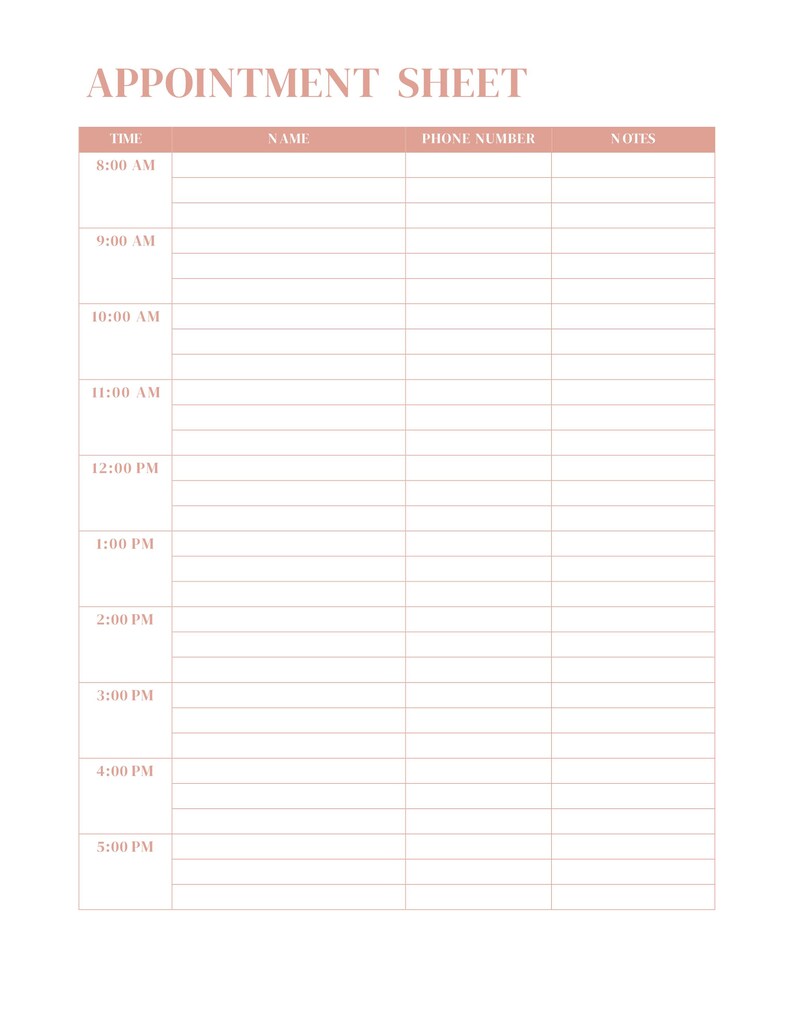 Printable Appointment Sign up Sheet Rose Gold | Scheduler Template ...