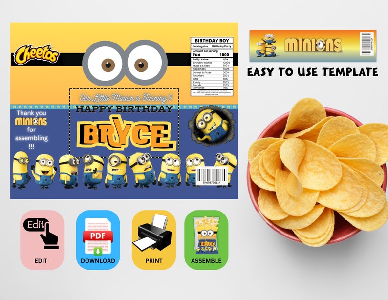 Cute Editable MINIONS Chip Bag TEMPLATE With FREE Ready to Print Water ...