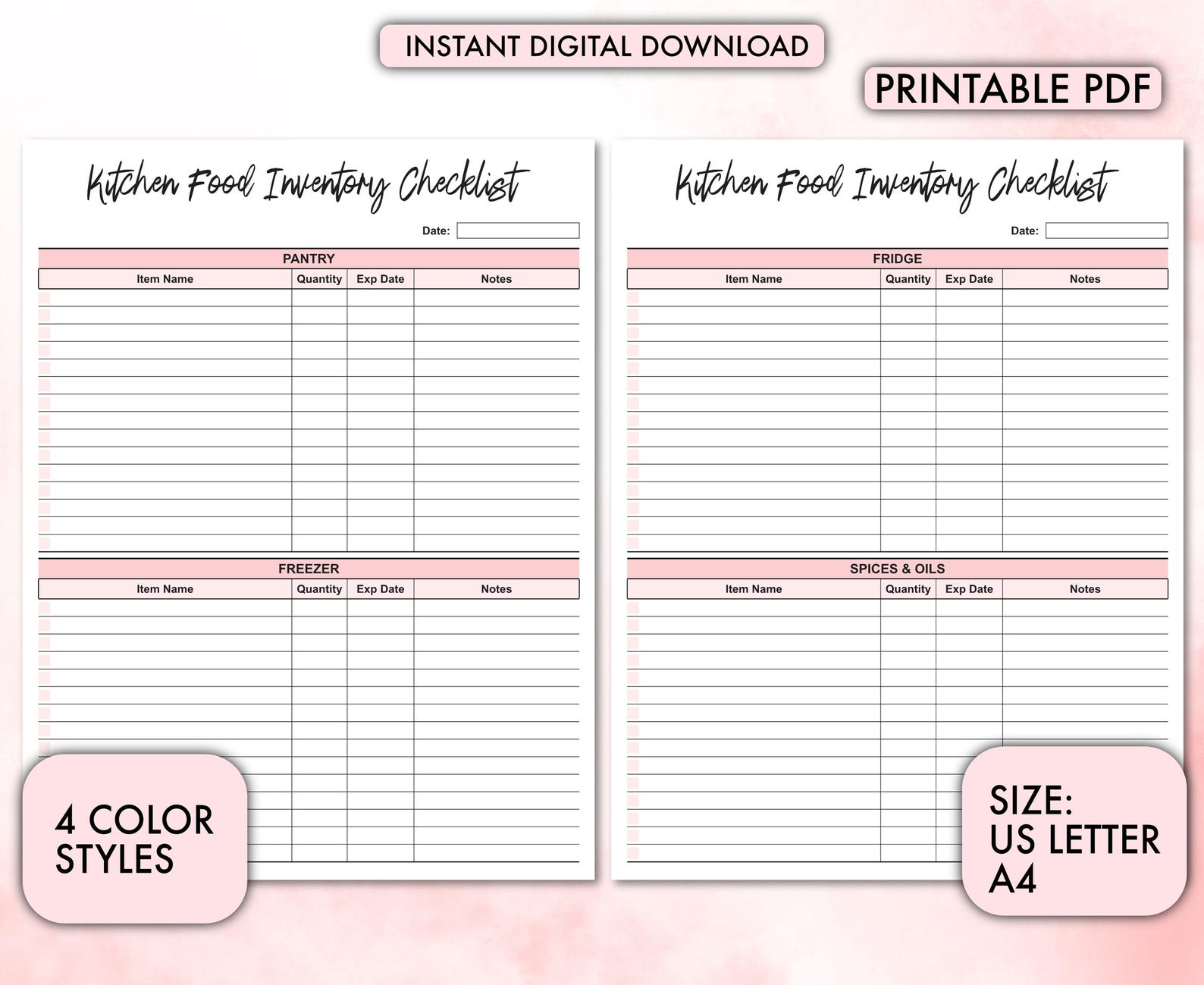 Kitchen Food Inventory Checklist, Pantry, Fridge and Freezer Organizer ...