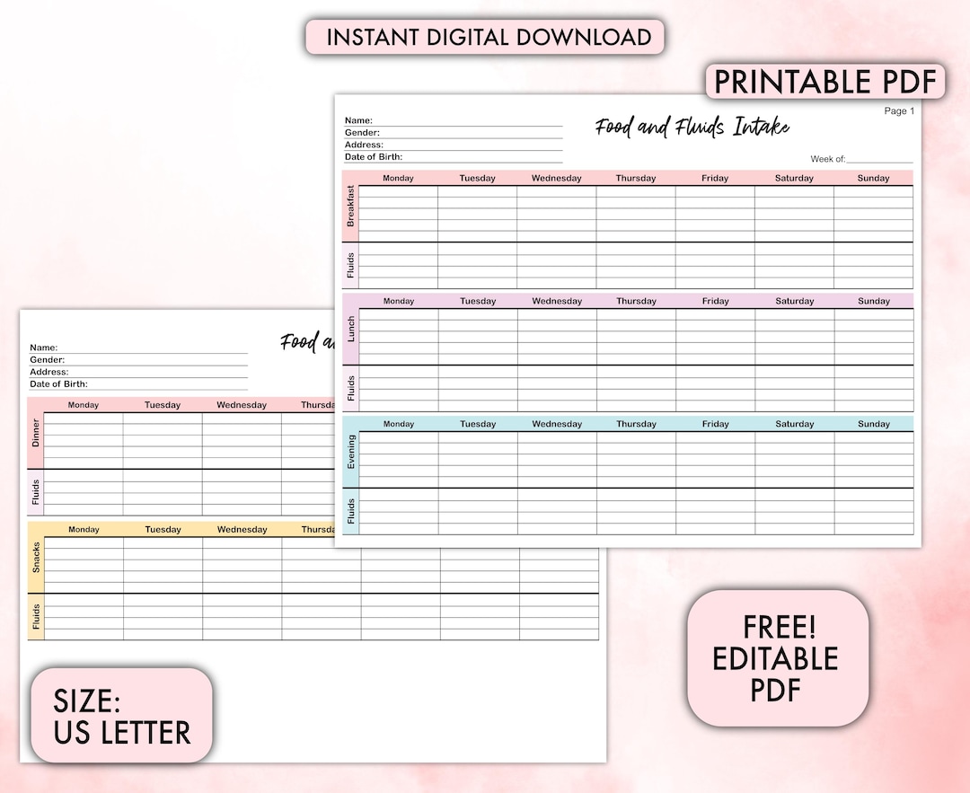 Food and Fluids Intake Tracker, Weekly Daily Food, Weekly Fluids ...