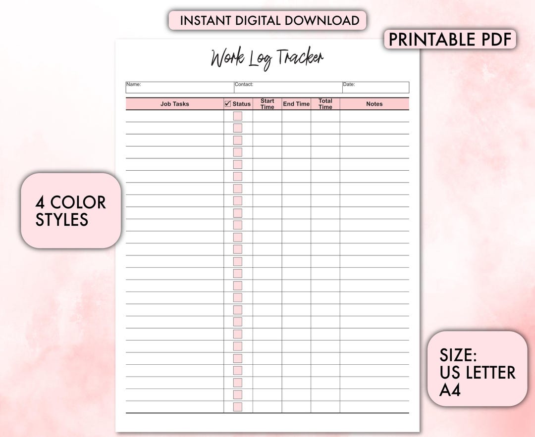 Work Log Tracker Printable Task and Time Management Log Track ...