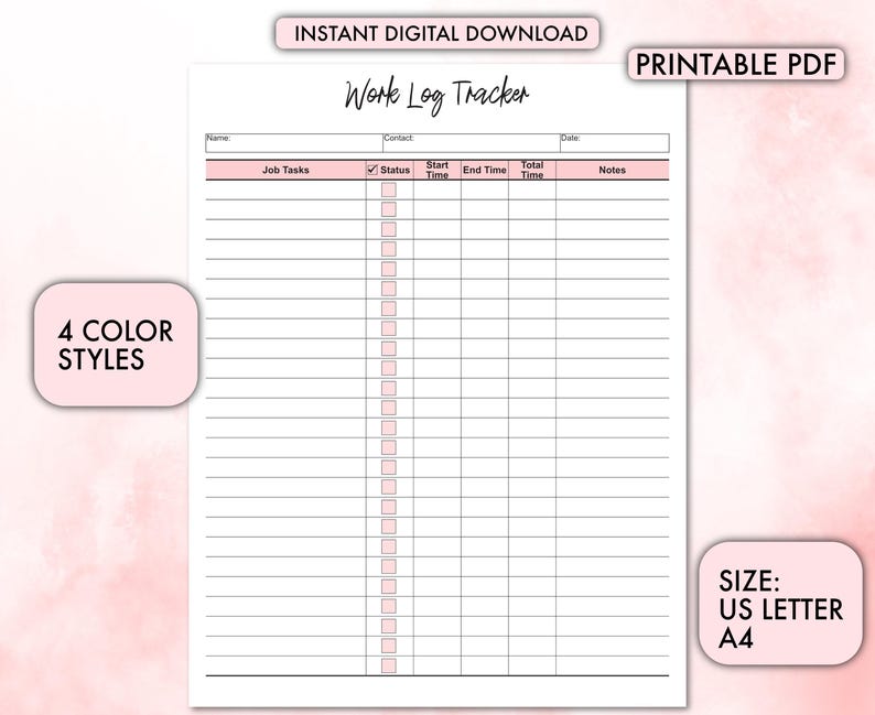 Work Log Tracker | Printable Task and Time Management Log | Track ...