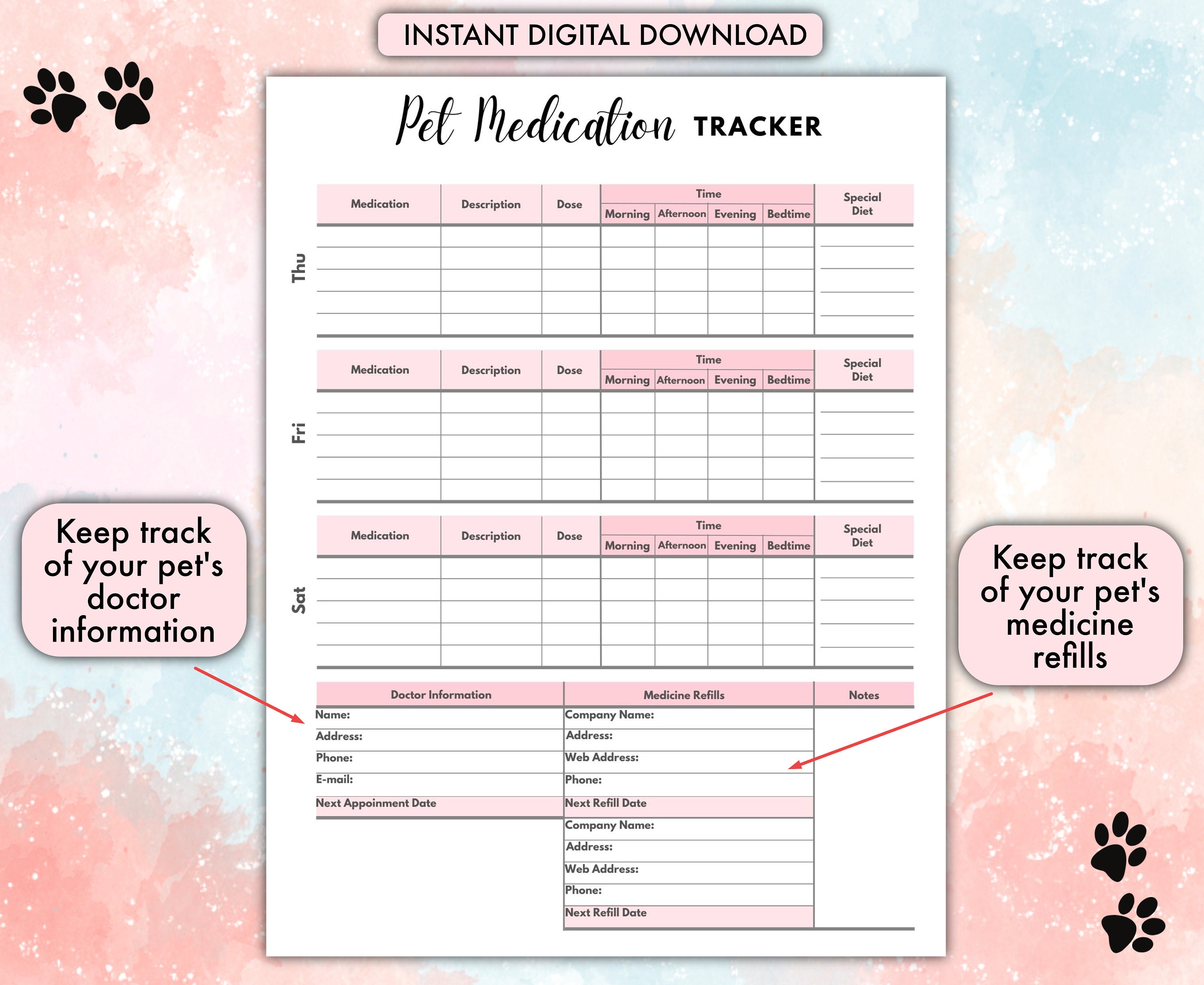 Pet Medication Tracker, Medication List, Medication Log, Pet Medicine ...