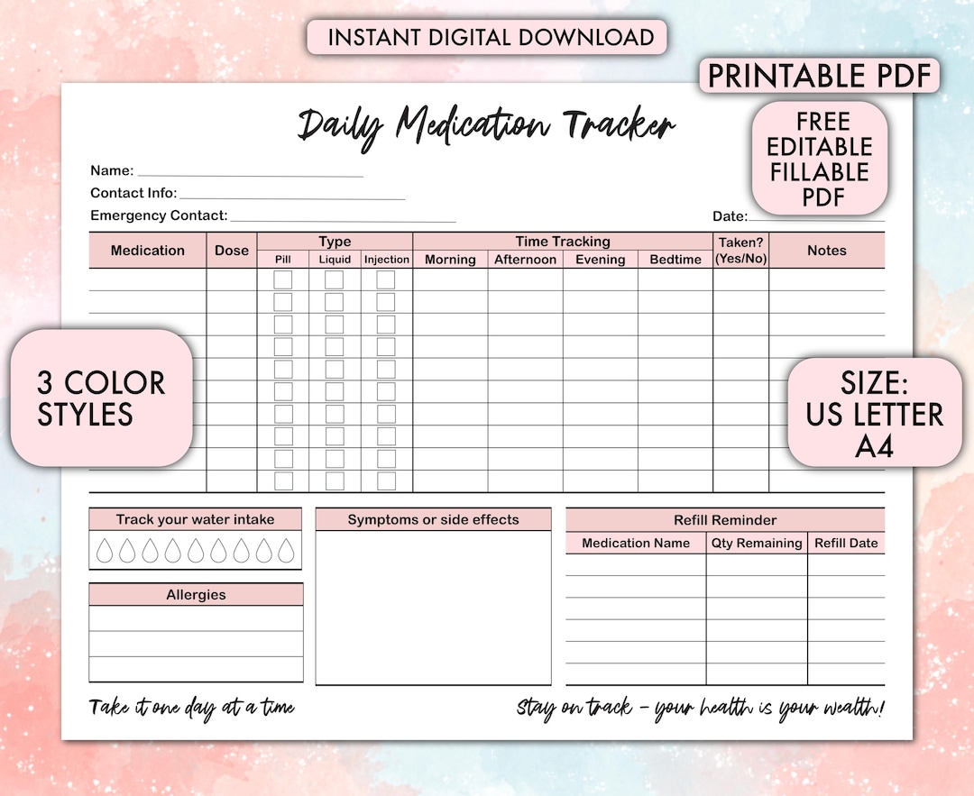 Daily Medicine Tracker Printable, Daily Medication Schedule, Track Your ...