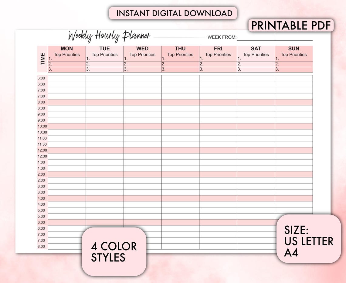 Weekly Hourly Planner With Time Slots | Planner for Busy Lives | Time ...