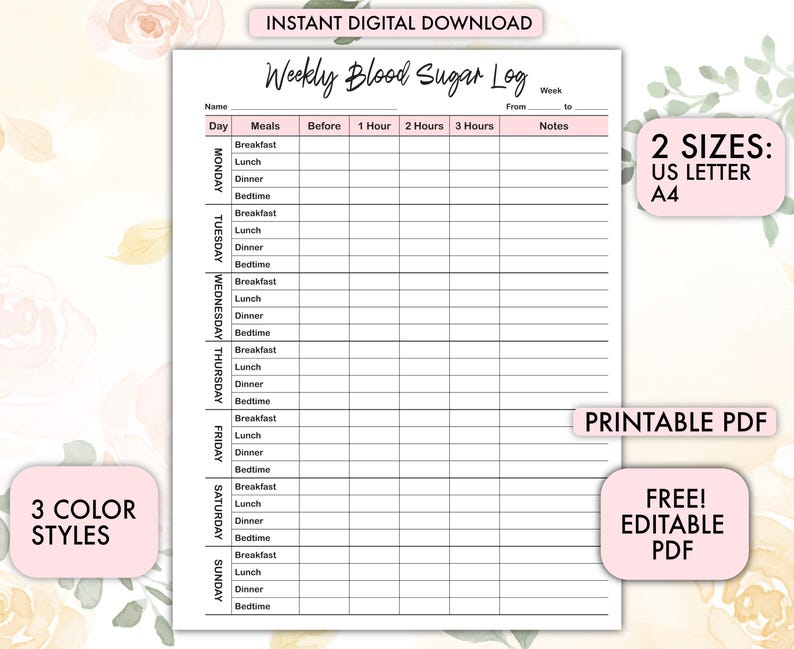 Weekly Blood Sugar Log, Diabetes Glucose Tracker, Health & Wellness ...