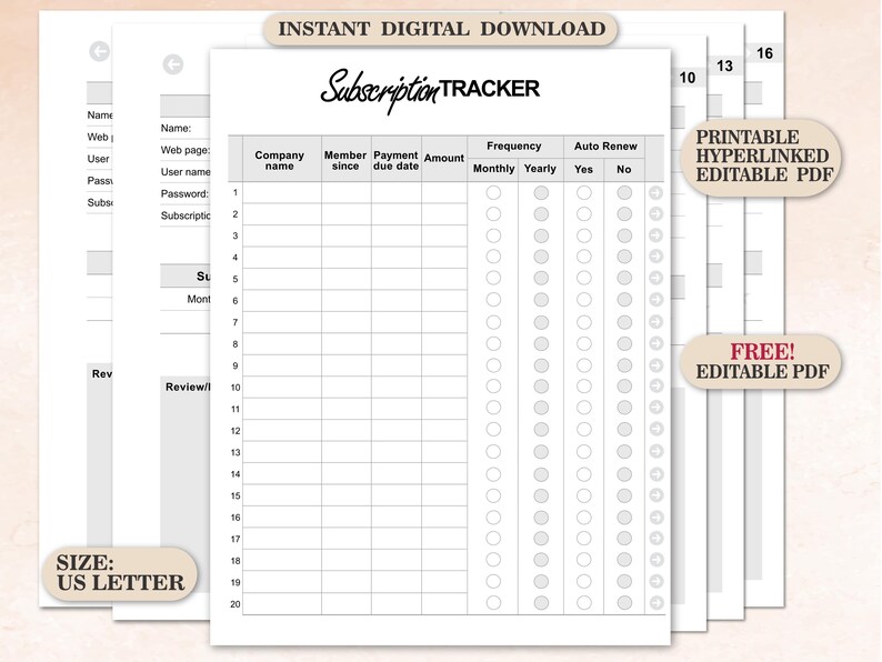 Subscription Tracker Planner Printable Expense Log Bill Organizer ...