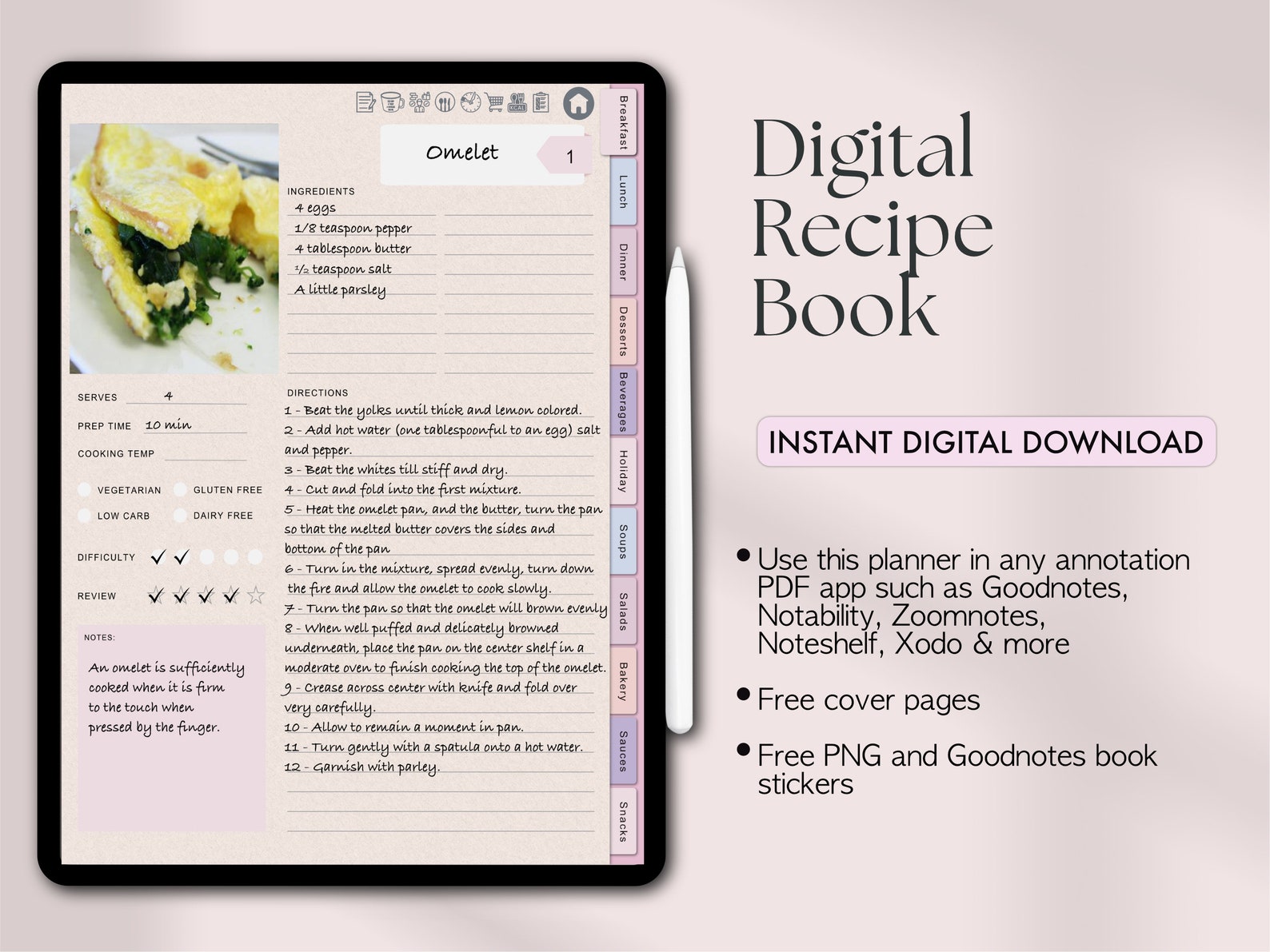 Digital Recipe Book for Goodnotes, Recipe Planner, Goodnotes Recipes ...