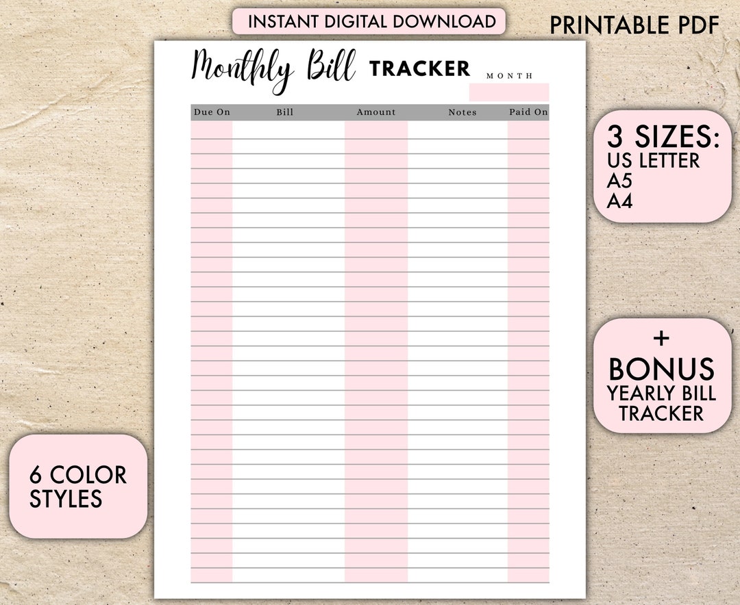 Monthly Bill Tracker, Bill Tracker, Monthly Bill Tracker Printable ...