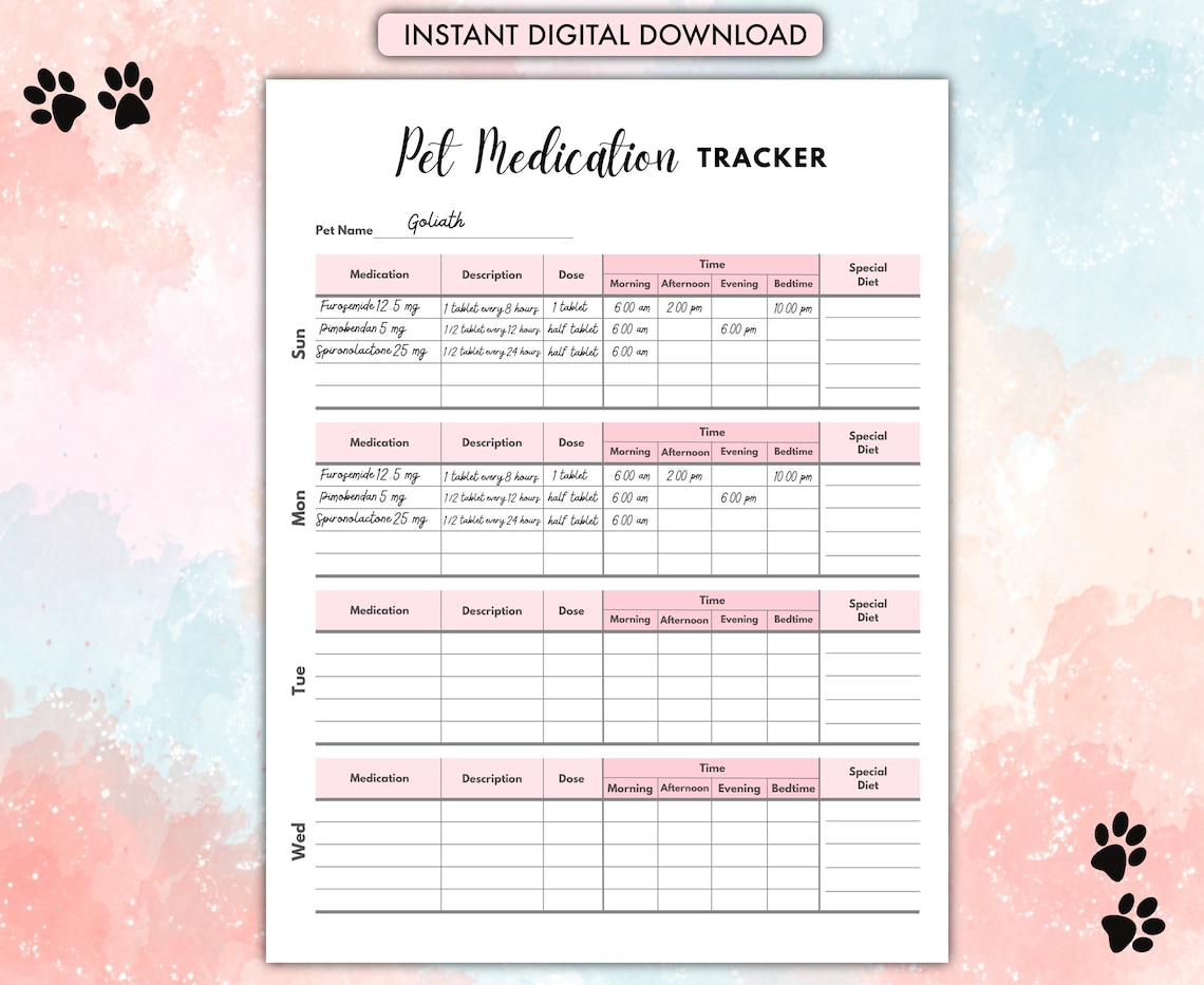 Pet Medication Tracker, Medication List, Medication Log, Pet Medicine ...