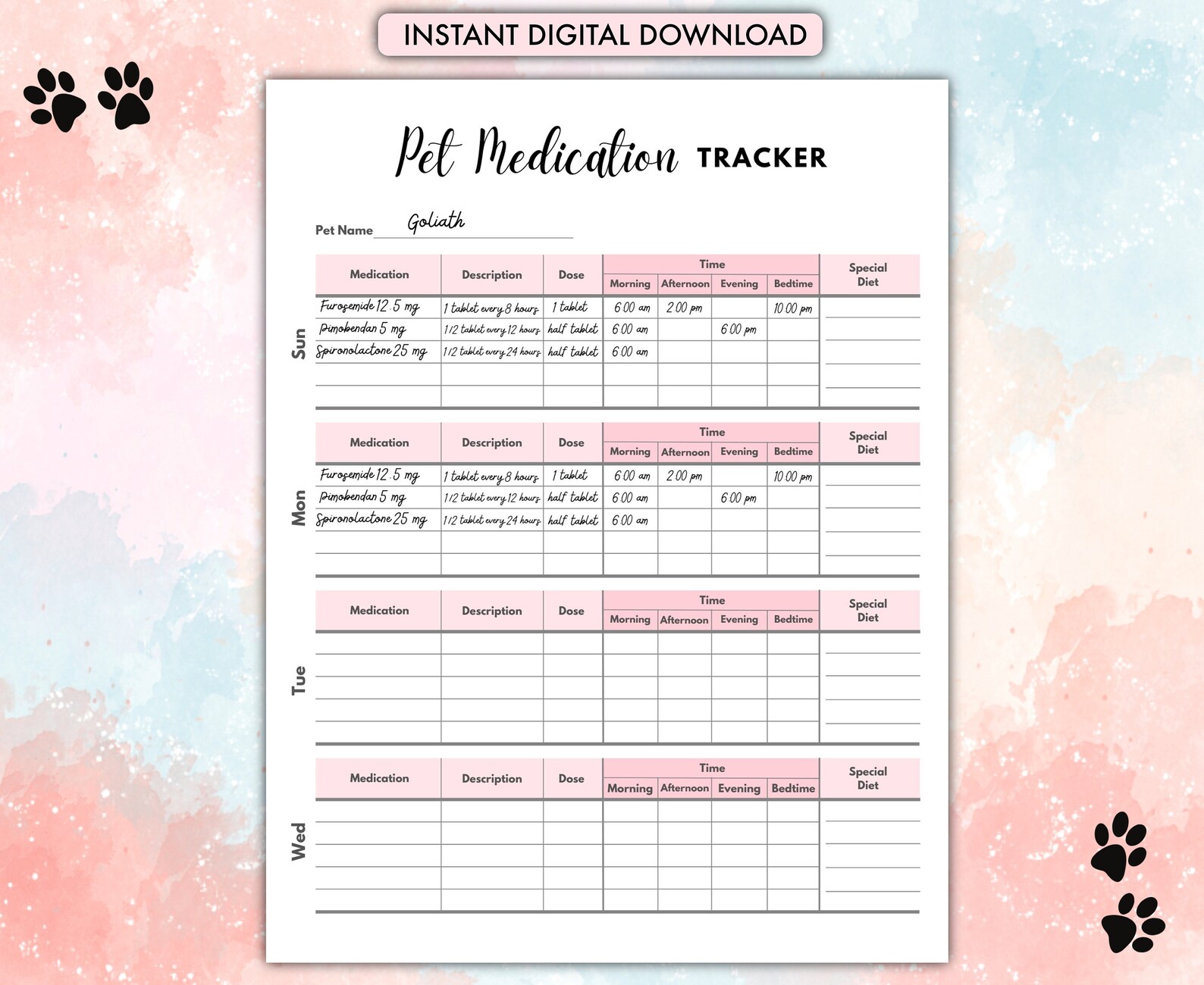 Pet Medication Tracker, Medication List, Medication Log, Pet Medicine ...