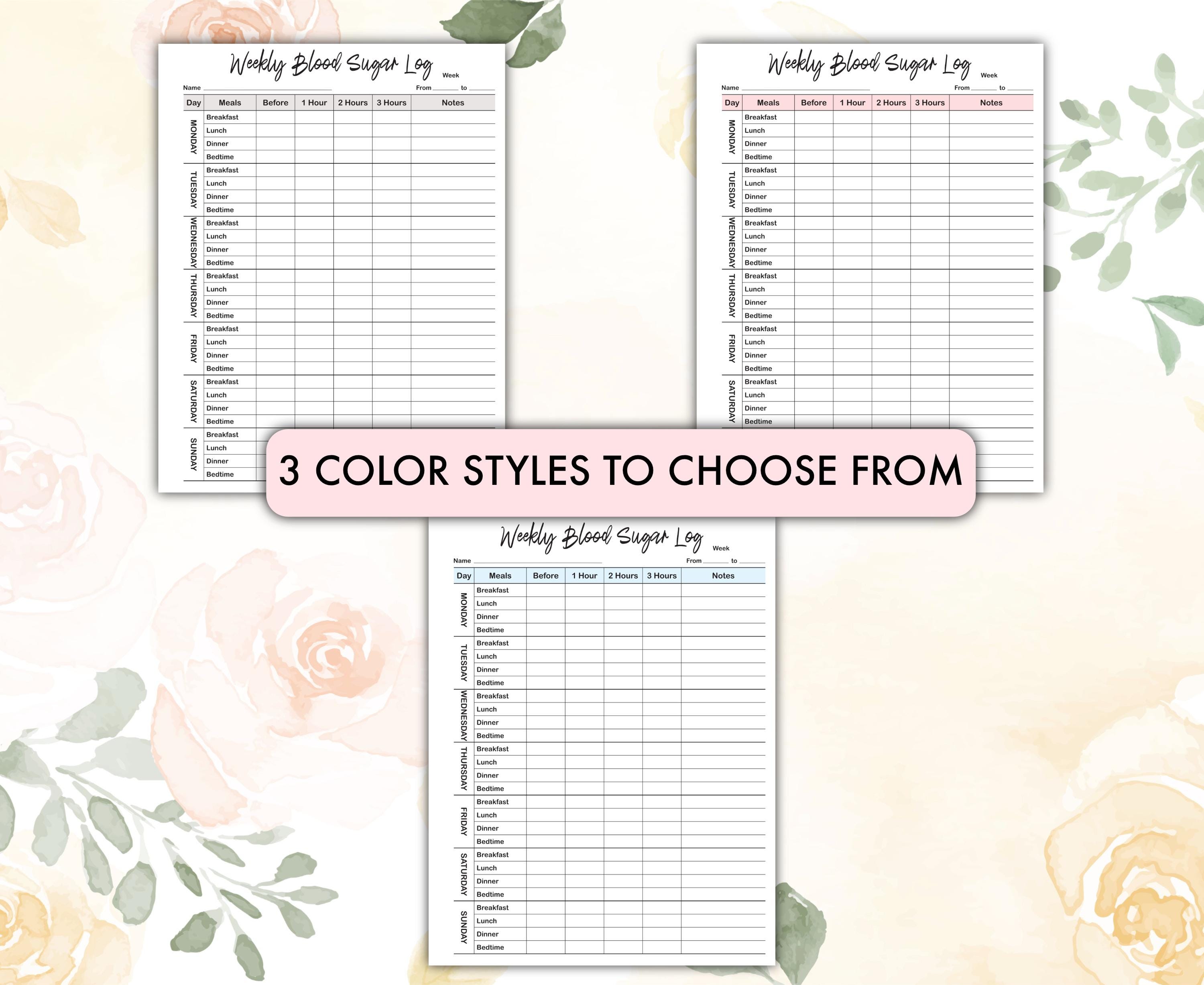 Weekly Blood Sugar Log, Diabetes Glucose Tracker, Health & Wellness ...