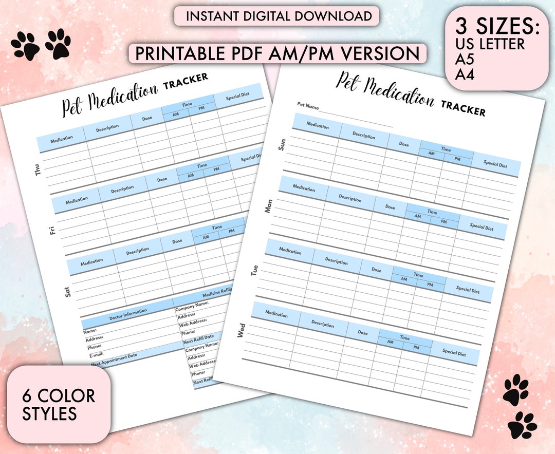 Pet Medication Tracker Am/pm,medication List, Medication Log, Pet ...