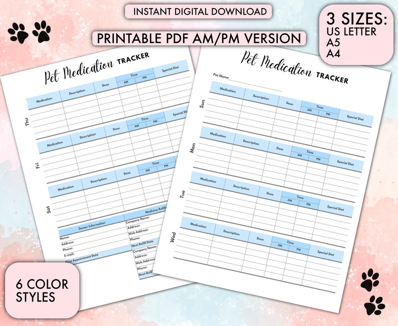 Pet Medication Tracker Am/pm,medication List, Medication Log, Pet ...