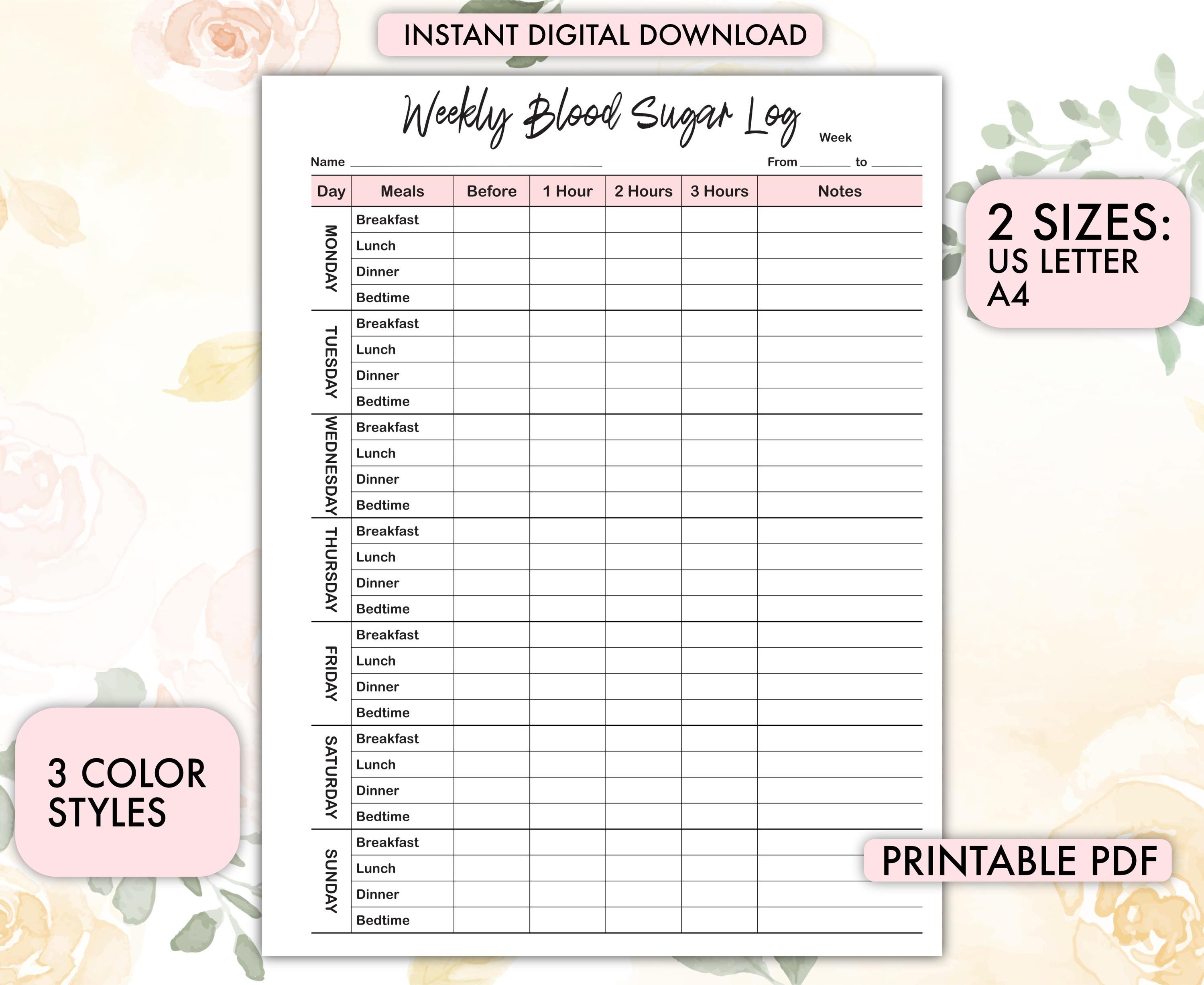 Weekly Blood Sugar Log, Diabetes Glucose Tracker, Health & Wellness ...