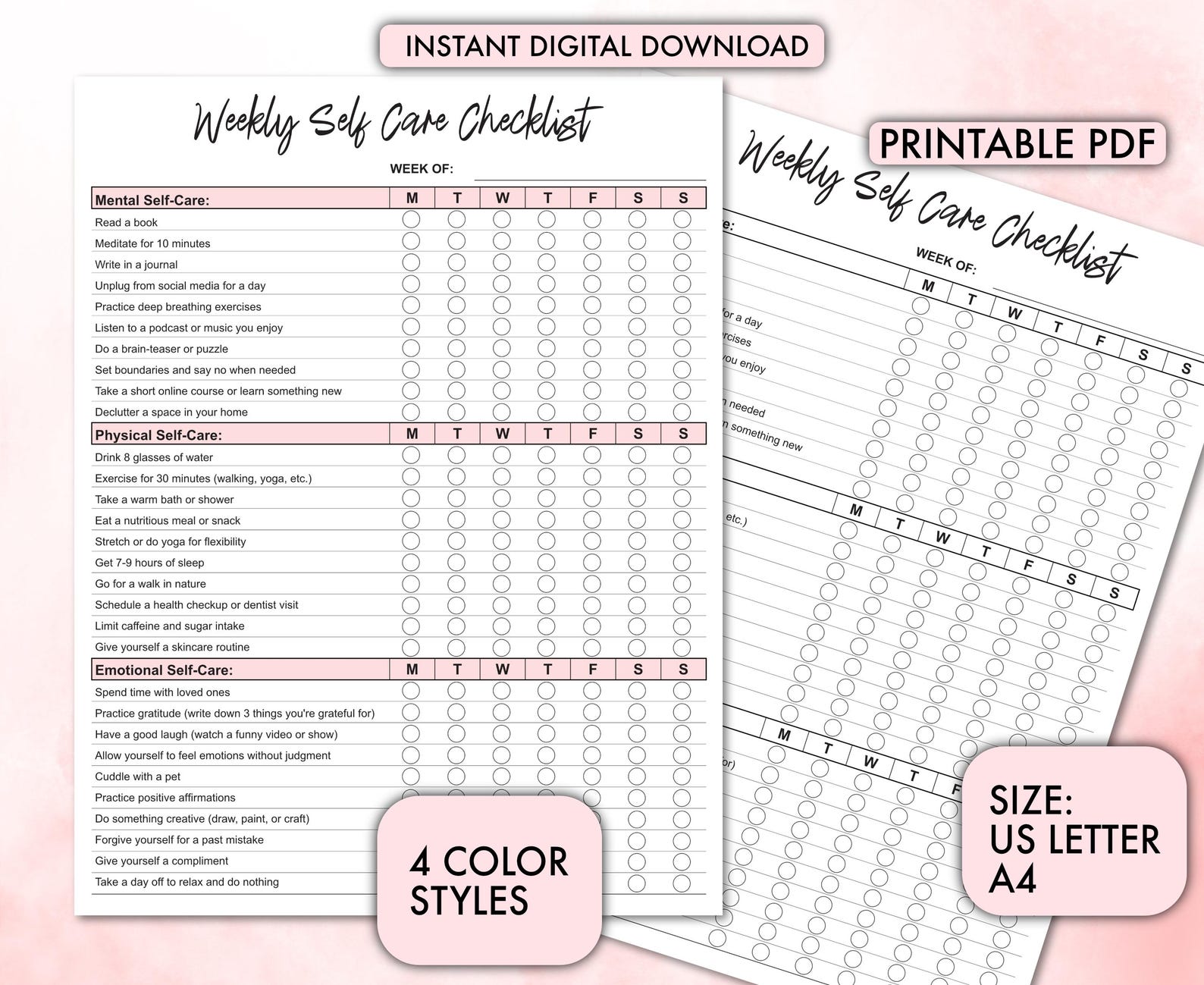 Weekly Self Care Checklist | Printable Self Care Planner | Track Your ...