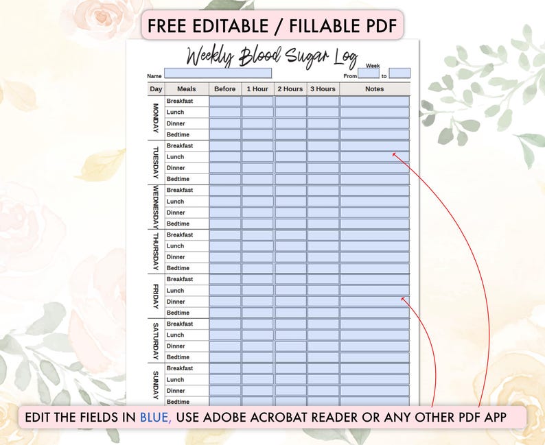 Weekly Blood Sugar Log, Diabetes Glucose Tracker, Health & Wellness ...