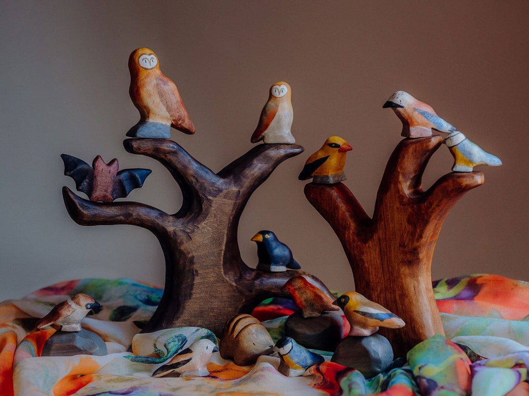 Wooden Garden Birds and Night Animals Figure Set, Handmade Toy - Etsy